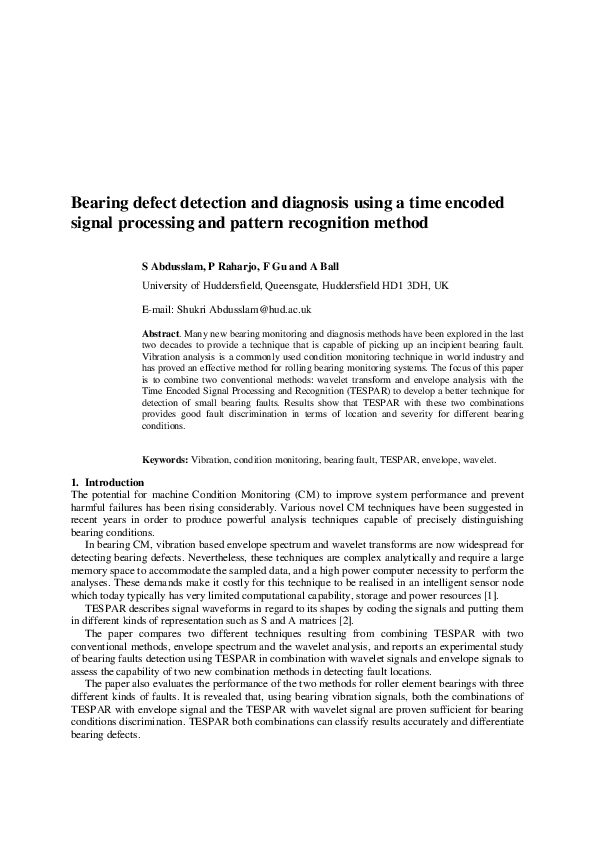 Pdf Bearing Defect Detection And Diagnosis Using A Time Encoded Signal Processing And Pattern