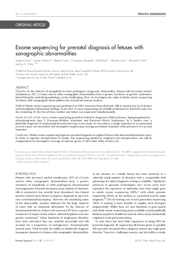 (PDF) Exome sequencing for prenatal diagnosis of fetuses with ... (PDF) Exome sequencing for prenatal diagnosis of fetuses with ...