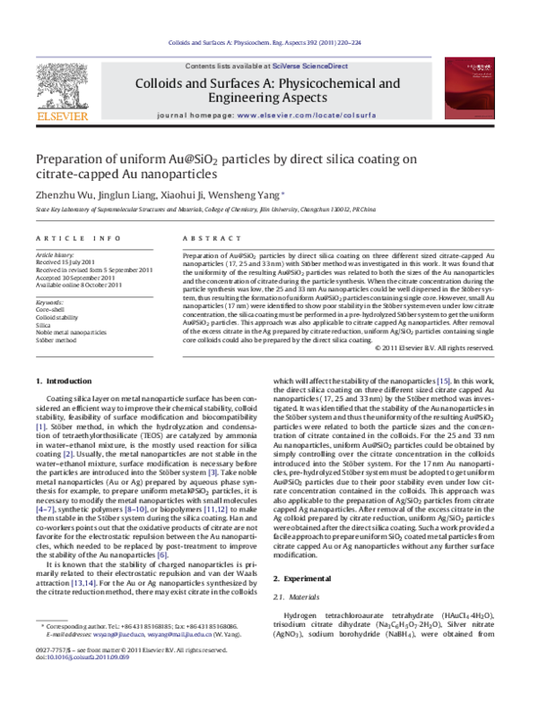 (PDF) Preparation of uniform Au@SiO2 particles by direct silica coating ...