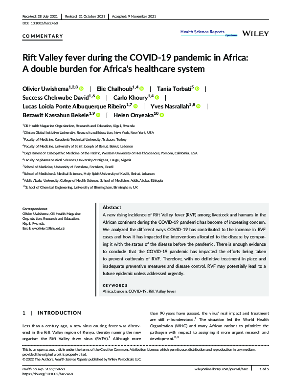 (PDF) Rift Valley fever during the COVID ‐19 pandemic in Africa: A ...