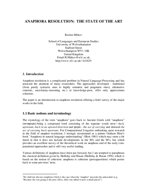 (PDF) Anaphora resolution: The state of the art