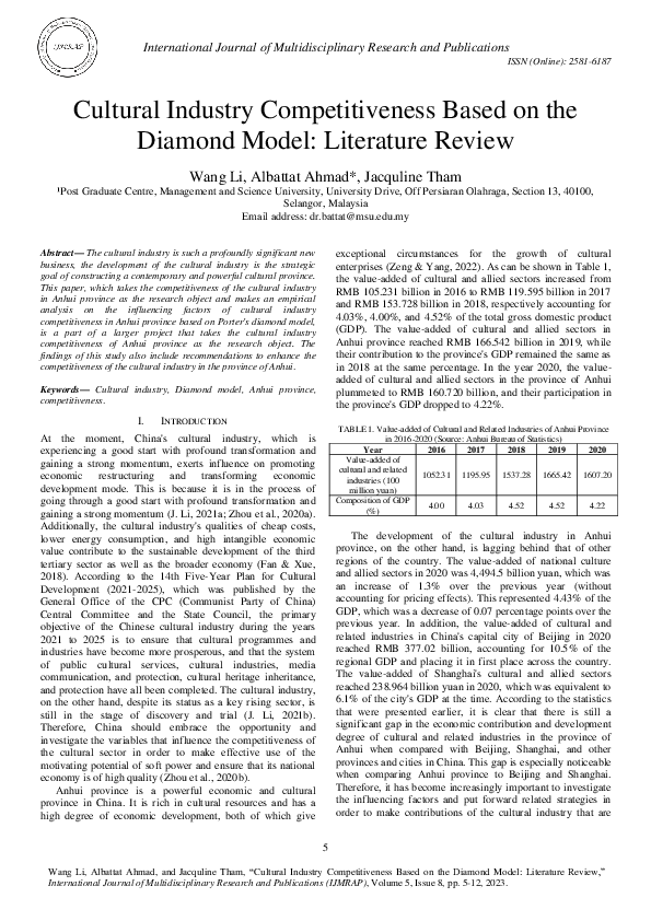 (PDF) Cultural Industry Competitiveness Based on the Diamond Model ...