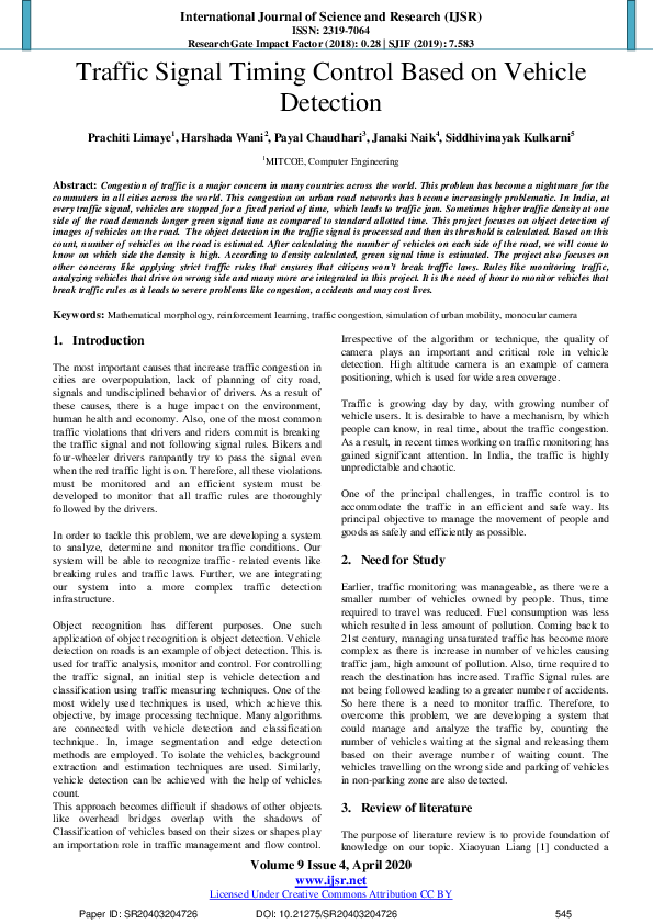 (PDF) Traffic Signal Timing Control Based on Vehicle Detection