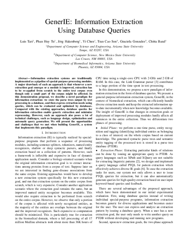 (PDF) GenerIE: Information extraction using database queries | Lestari Tari - Academia.edu