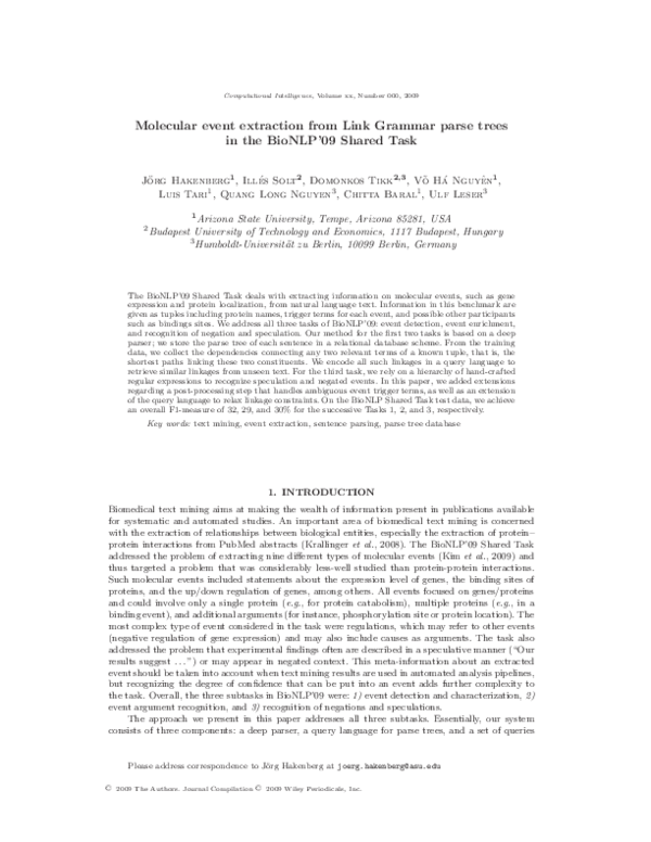 (PDF) Molecular Event Extraction from Link Grammar Parse Trees in the BIONLP’09 Shared Task ...