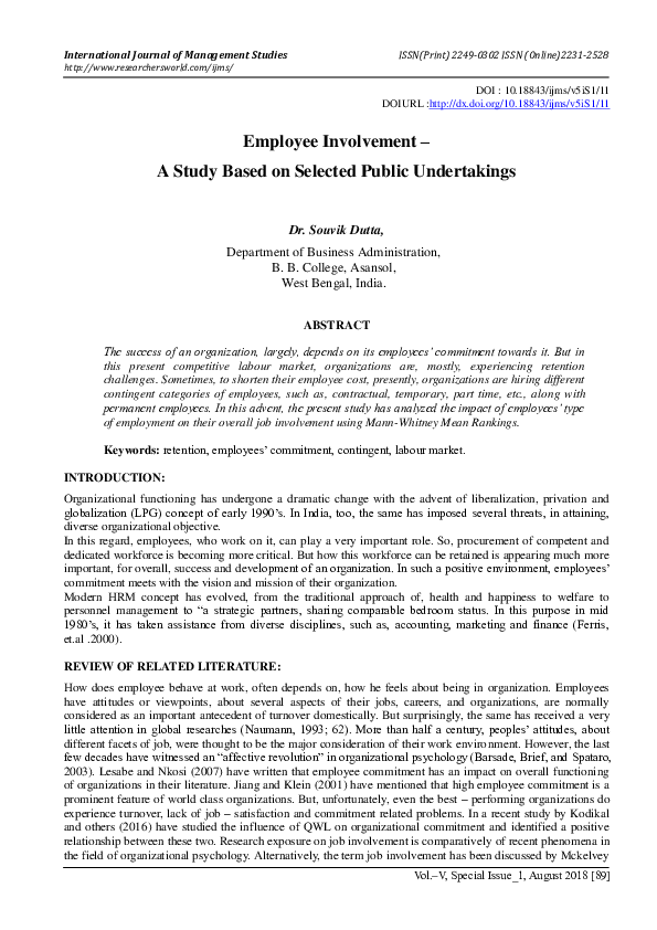 (PDF) Employee Involvement – A Study Based on Selected Public Undertakings