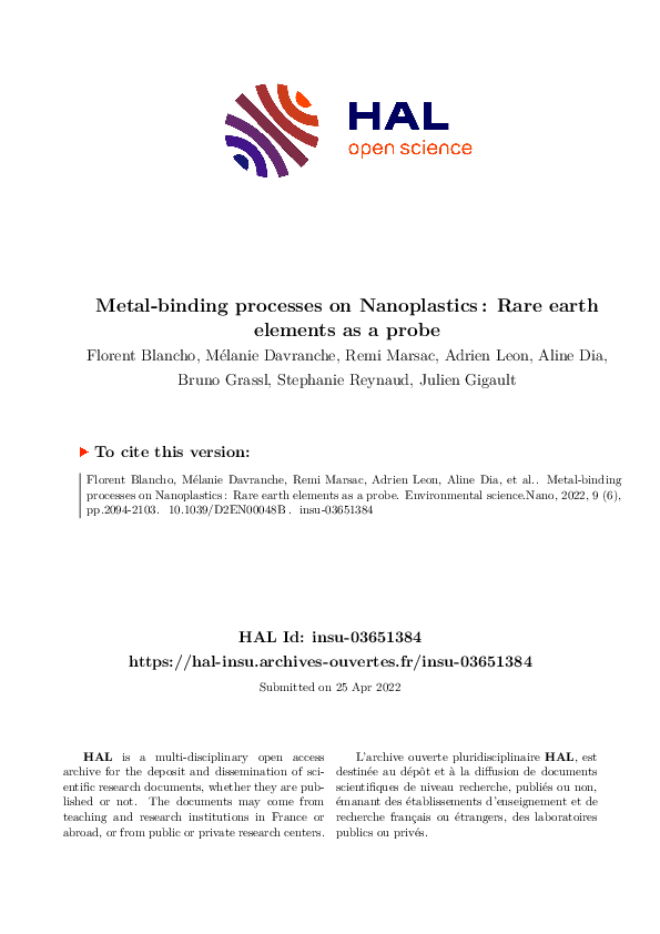 (PDF) Metal-binding processes on nanoplastics: rare earth elements as ...