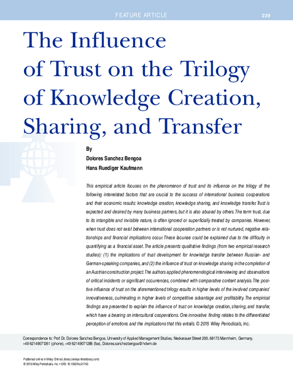 (PDF) The Influence of Trust on the Trilogy of Knowledge Creation, Sharing, and Transfer