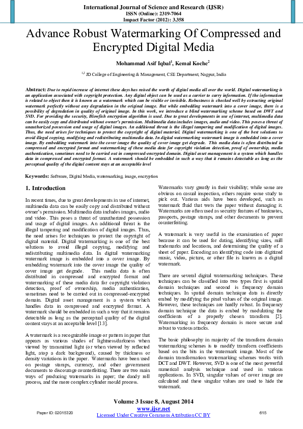 (PDF) Advance Robust Watermarking Of Compressed and Encrypted Digital Media
