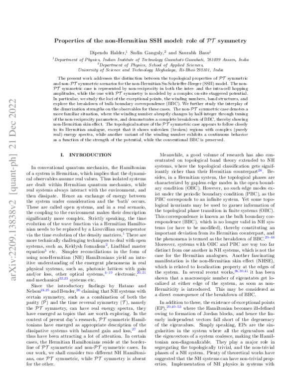 (PDF) Properties of the non-Hermitian SSH model: role of symmetry