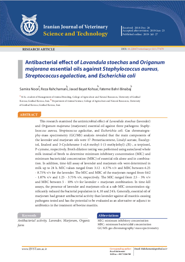 (PDF) Antibacterial eff ect of Lavandula stoechas and Origanum majorana essential oils against ...