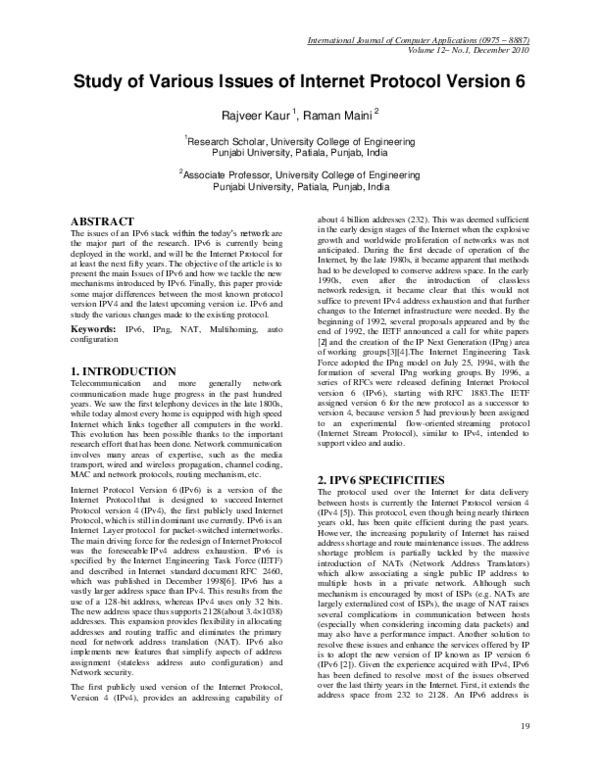 (PDF) Study of Various Issues of Internet Protocol Version 6