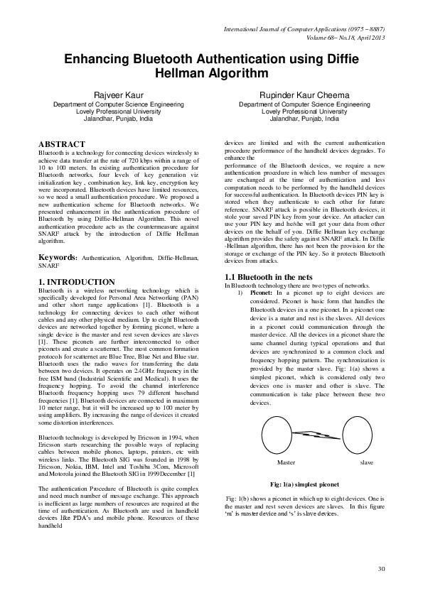 Pdf Improving Bluetooth Security With Diffie Hellman Authentication