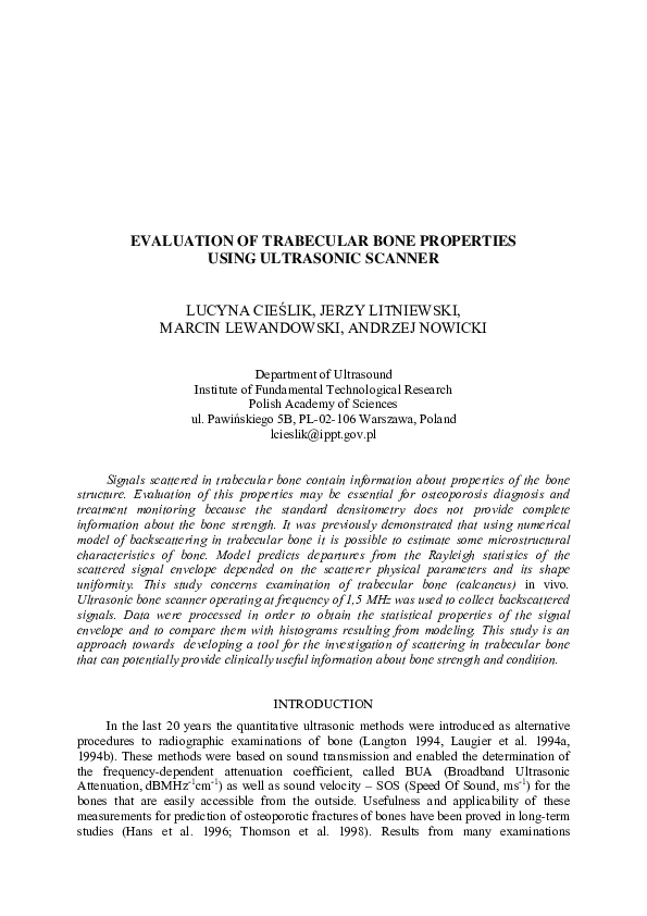 (PDF) Evaluation of Trabecular Bone Properties Using Ultrasonic Scanner