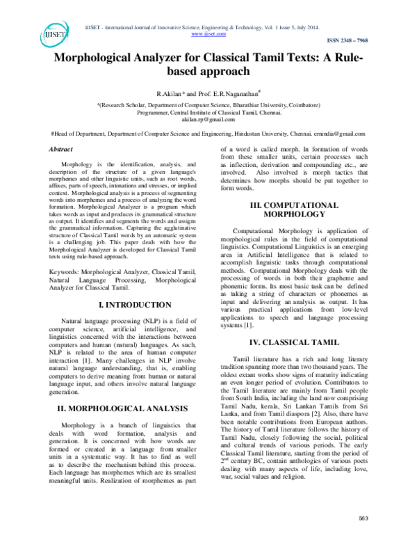 (PDF) Morphological Analyzer for Classical Tamil Texts: A Rule- based ...