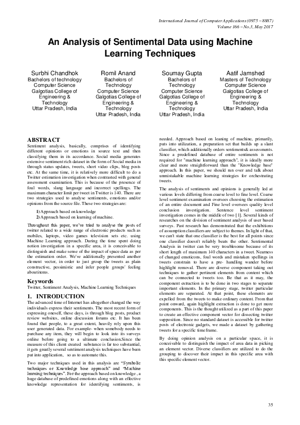 Pdf An Analysis Of Sentimental Data Using Machine Learning Techniques