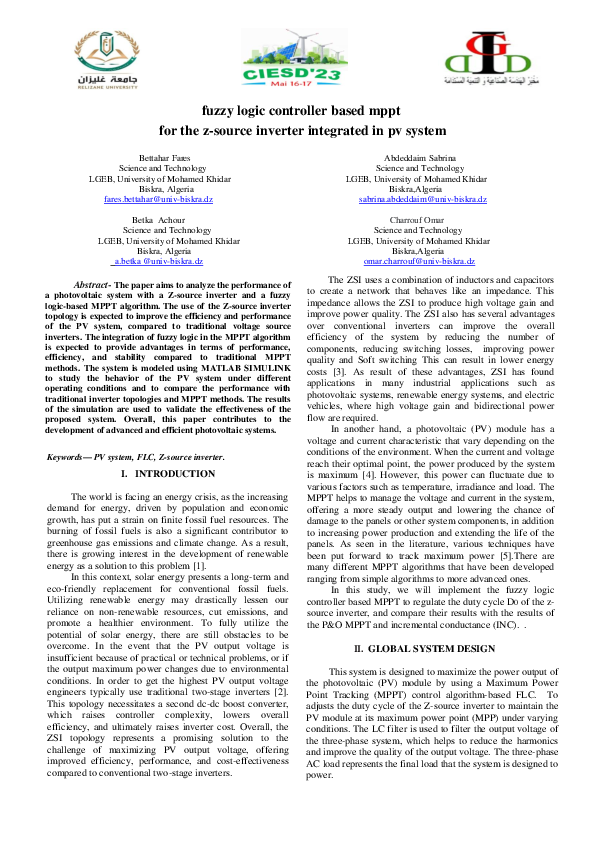 (PDF) fuzzy logic controller based mppt for the z-source inverter integrated in pv system