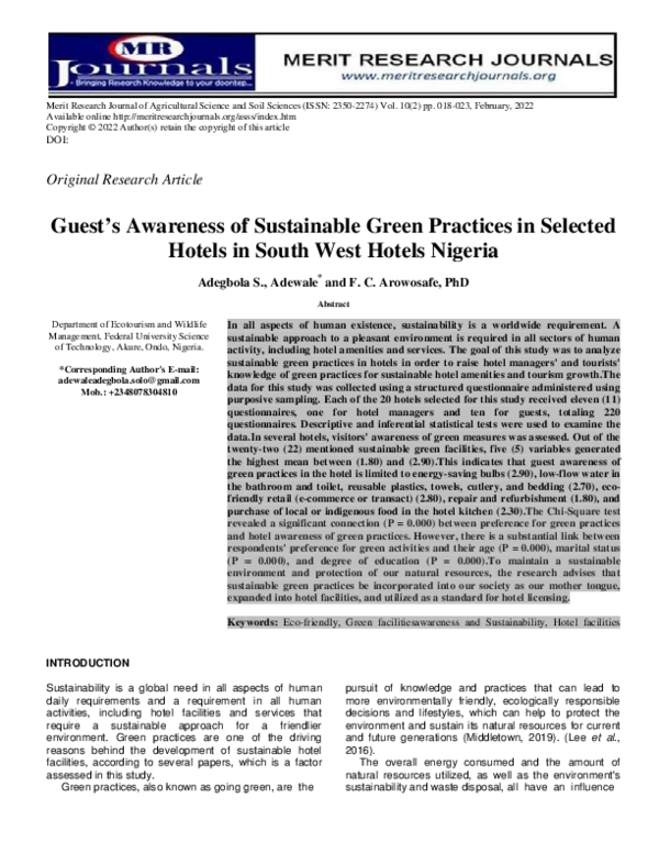 (PDF) Guest's Awareness of Sustainable Green Practices in Selected ...