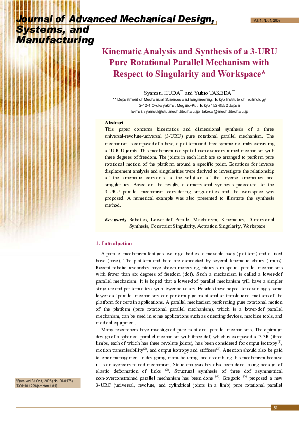 (PDF) Kinematic Analysis and Synthesis of a 3-URU Pure Rotational Parallel Mechanism with ...