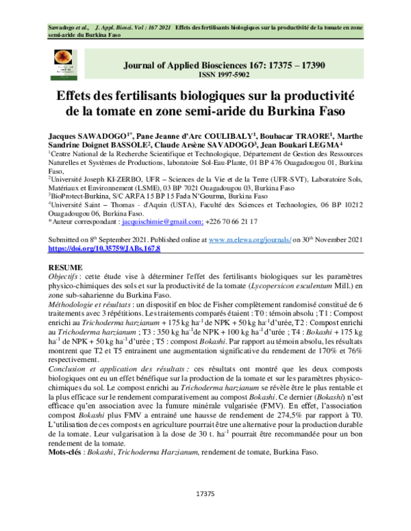 (PDF) Effets des fertilisants biologiques sur la productivité de la ...