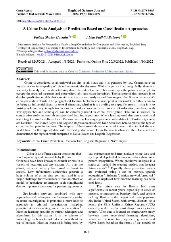 (PDF) A Crime Data Analysis of Prediction Based on Classification Approaches