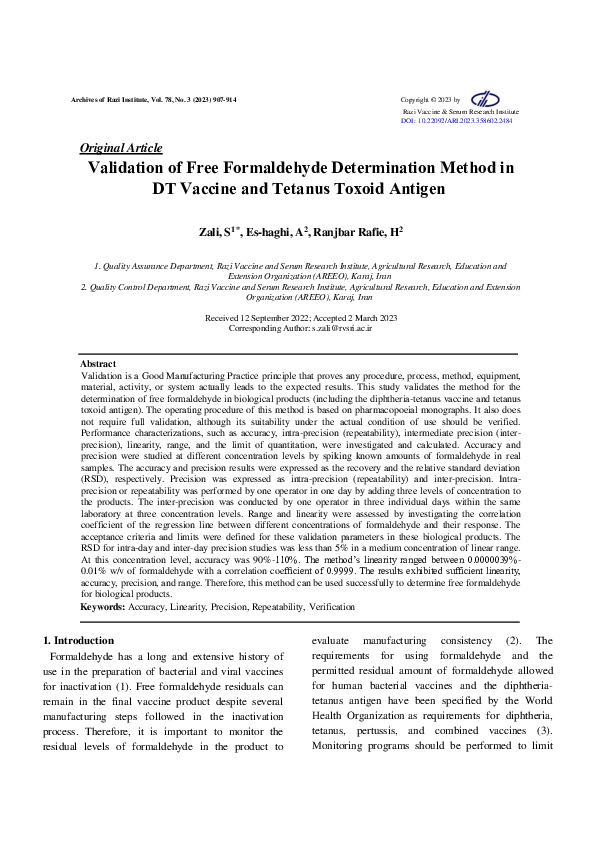 (PDF) Validation of Free Formaldehyde Determination Method in DT Vaccine and Tetanus Toxoid Antigen