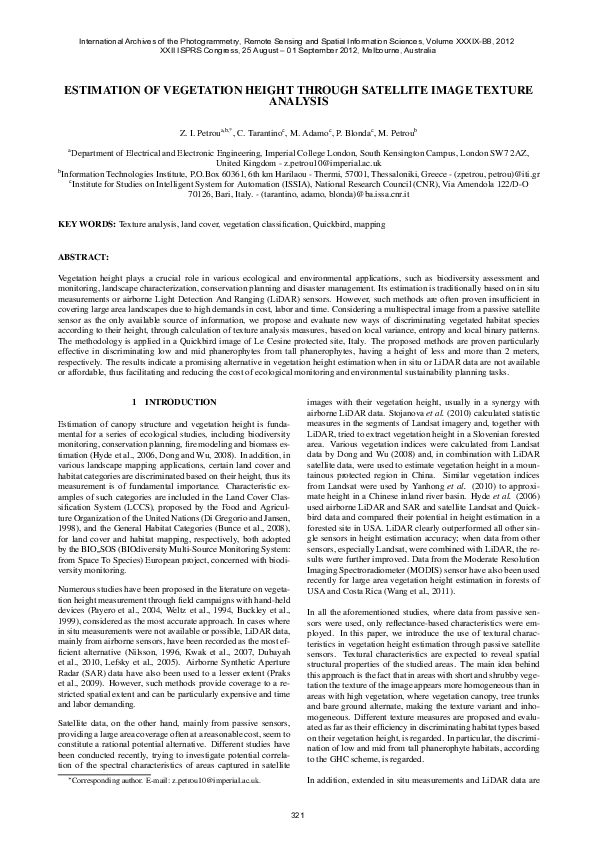 (PDF) Estimation of Vegetation Height Through Satellite Image Texture Analysis | Palma Blonda ...
