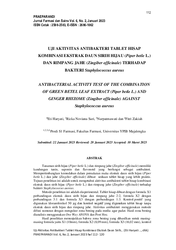 (PDF) UJI AKTIVITAS ANTIBAKTERI TABLET HISAP KOMBINASI EKSTRAK DAUN ...