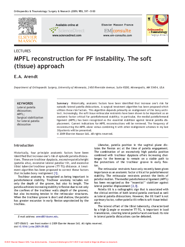 (PDF) MPFL reconstruction for PF instability. The soft (tissue) approach