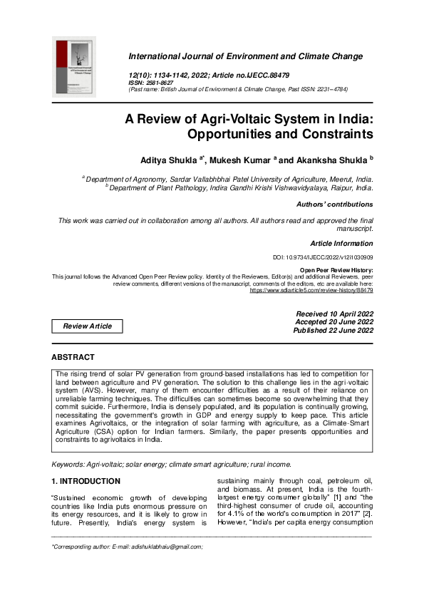 (PDF) A Review of Agri-Voltaic System in India: Opportunities and Constraints