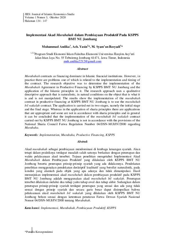 (PDF) Implementasi Akad Murabahah dalam Pembiayaan Produktif pada KSPPS BMT NU Jombang
