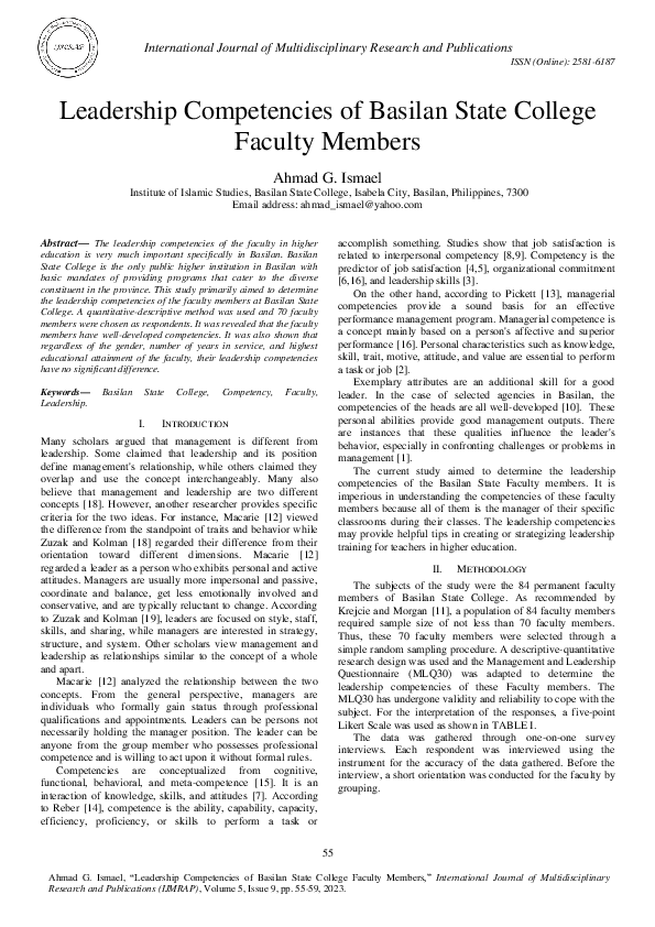 (PDF) Leadership Competencies of Basilan State College Faculty Members