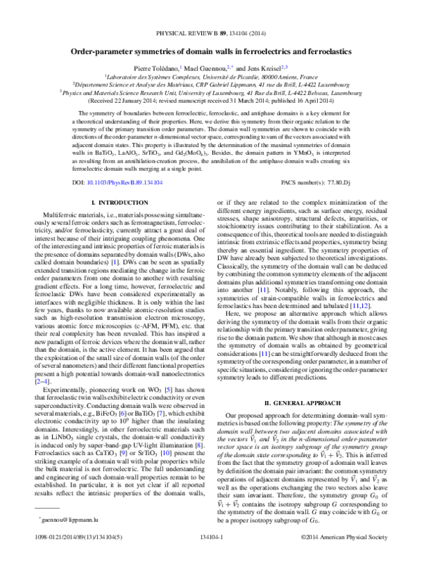 Pdf Order Parameter Symmetries Of Domain Walls In Ferroelectrics And