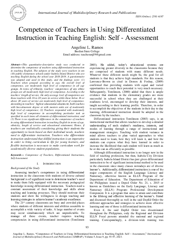 (PDF) Competence of Teachers in Using Differentiated Instruction in Teaching English: Self ...
