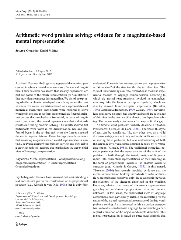 (PDF) Arithmetic word problem solving: evidence for a magnitude-based mental representation