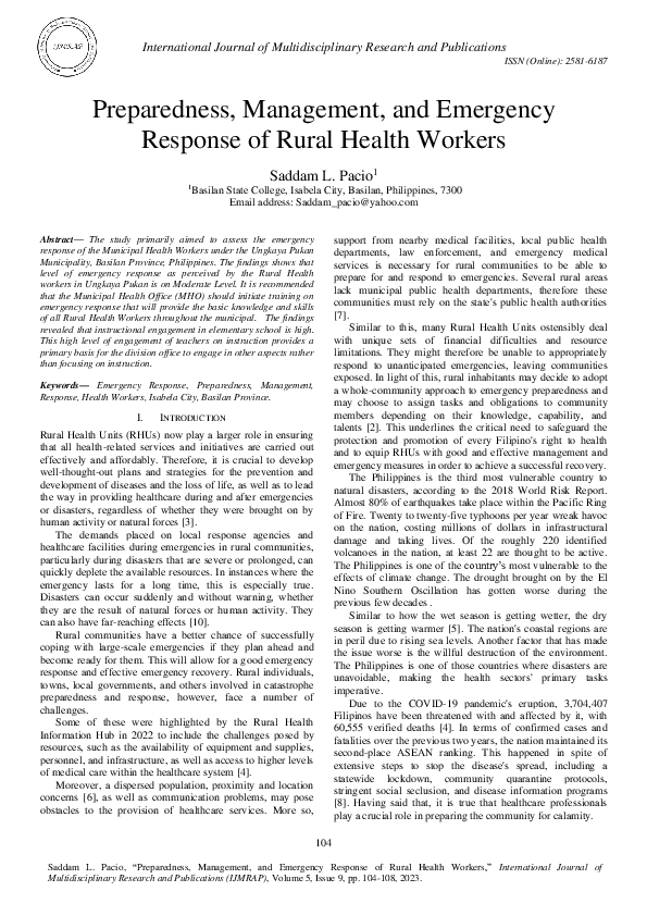 (PDF) Preparedness, Management, and Emergency Response of Rural Health ...