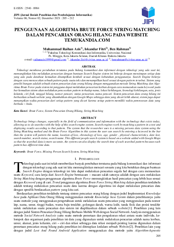 (PDF) Penggunaan Algoritma Brute Force String Matching Dalam Pencarian Orang Hilang Pada Website ...