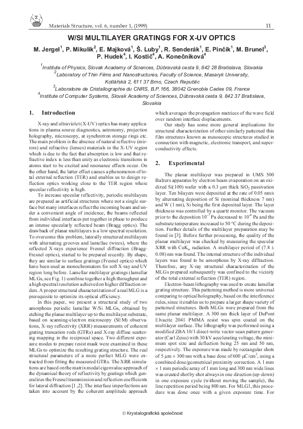 (PDF) W/Si Multilayer Gratings for X-Uv Optics