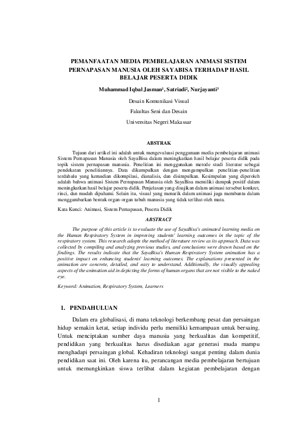 (PDF) PEMANFAATAN MEDIA PEMBELAJARAN ANIMASI SISTEM PERNAPASAN MANUSIA ...