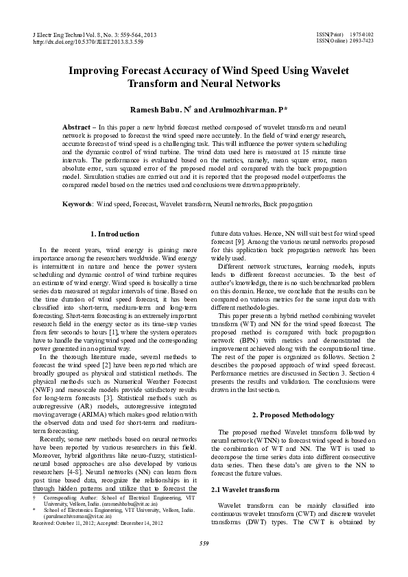 Pdf Improving Forecast Accuracy Of Wind Speed Using Wavelet Transform And Neural Networks