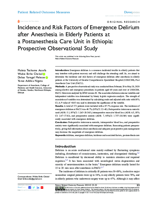 (PDF) Prevalence of Emergence Delirium and Associated Factors among ...