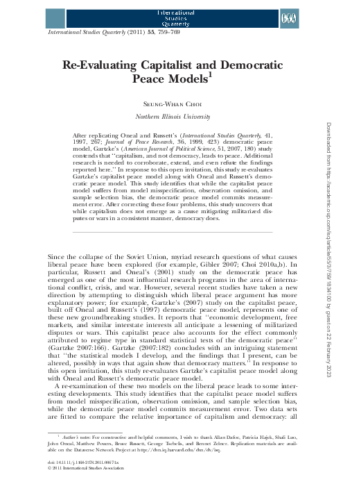 (PDF) Re-Evaluating Capitalist and Democratic Peace Models1 | Seung ...