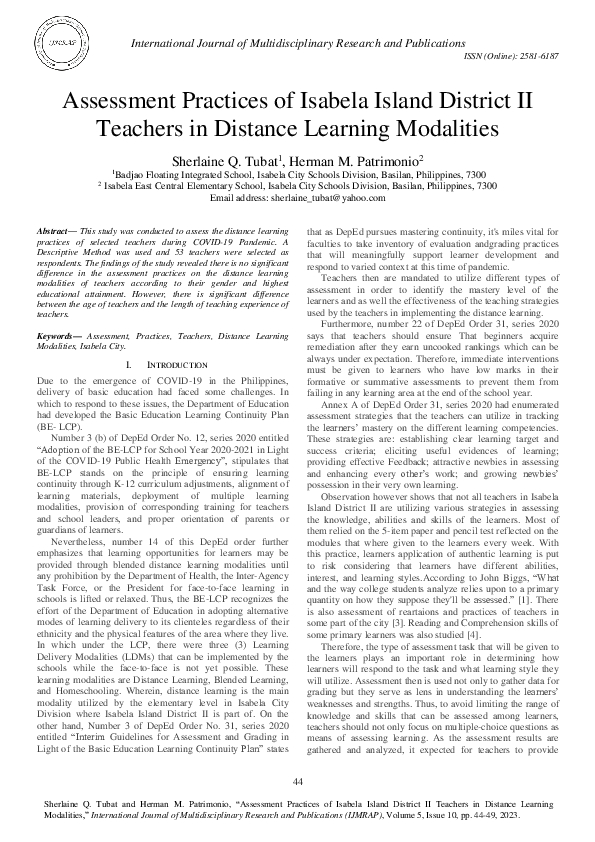 (PDF) Assessment Practices of Isabela Island District II Teachers in ...