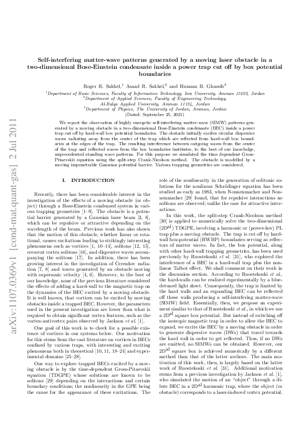 (PDF) Self-interfering matter-wave patterns generated by a moving laser obstacle in a two ...