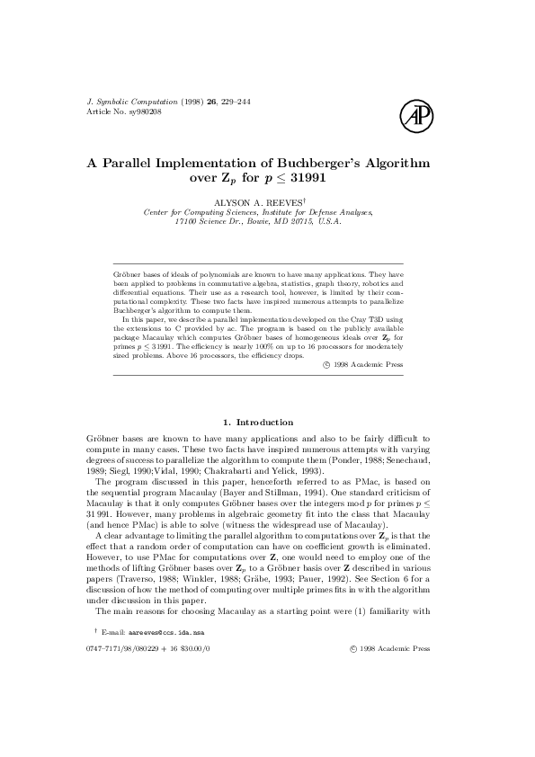 (PDF) A Parallel Implementation of Buchberger's Algorithm overZpforp≤ 31991 (PDF) A Parallel Implementation of Buchberger's Algorithm overZpforp≤ 31991