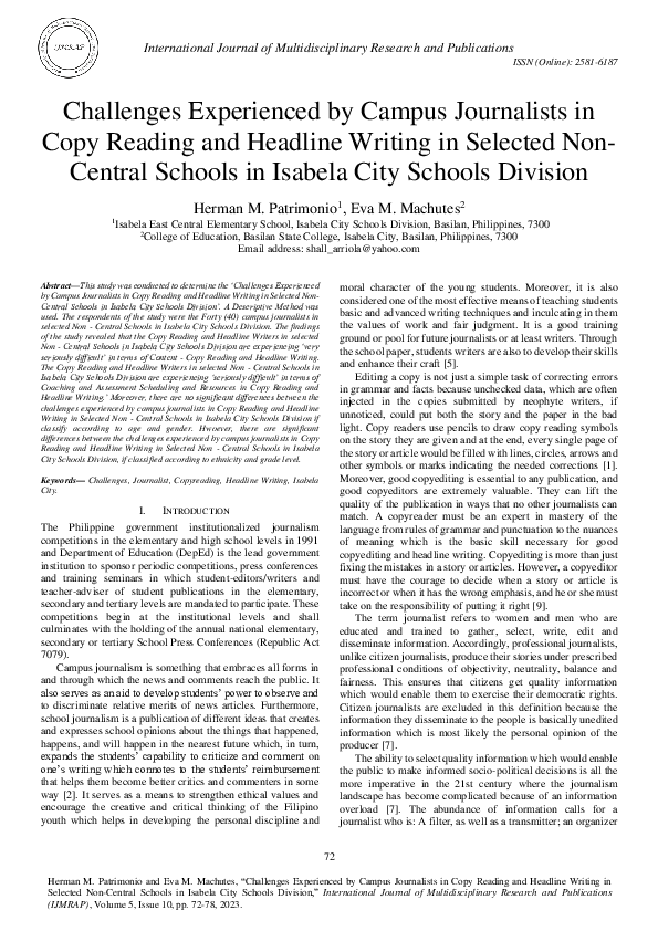 (PDF) Challenges Experienced by Campus Journalists in Copy Reading and ...