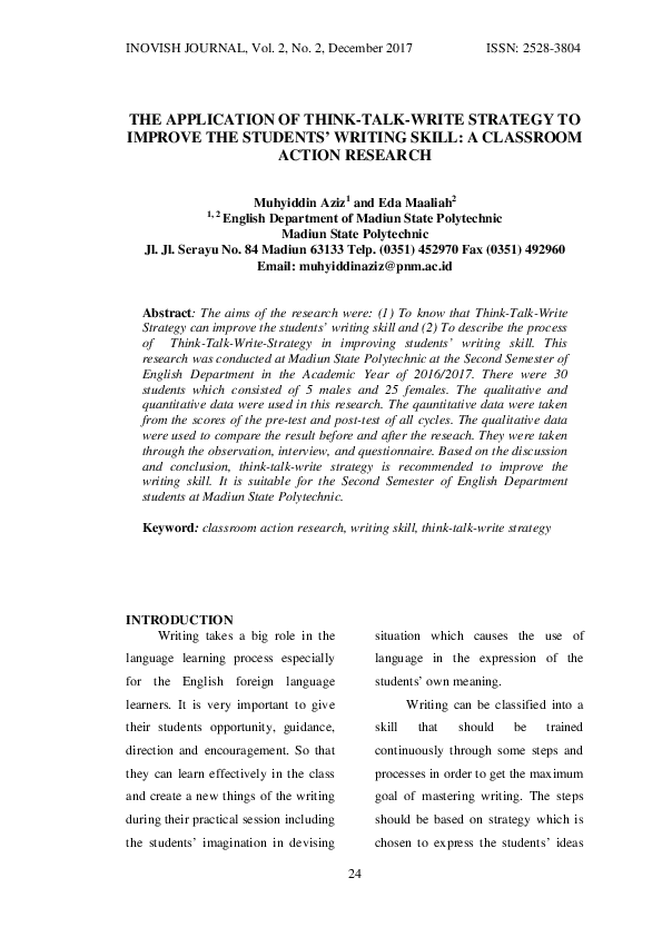 (PDF) The Application of Think-Talk-Write Strategy to Improve the Students’ Writing Skill: A ...