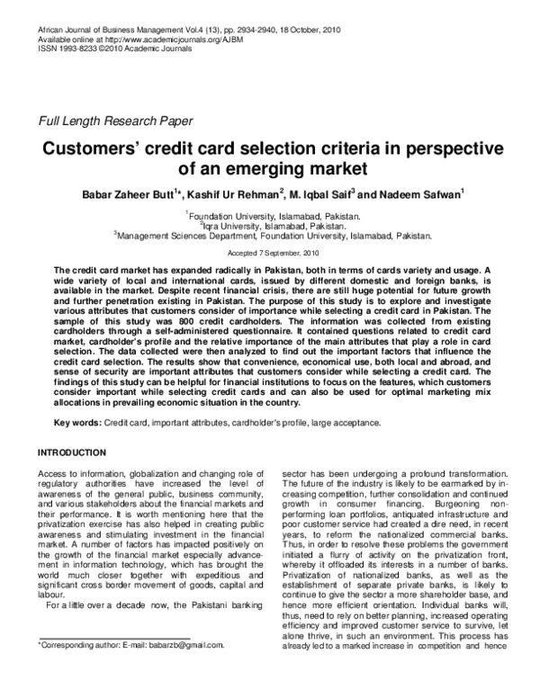 (PDF) Customers' credit card selection criteria in perspective of an ...