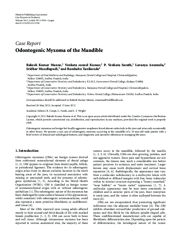 (PDF) Odontogenic Myxoma of the Mandible | Venkata Kumar - Academia.edu
