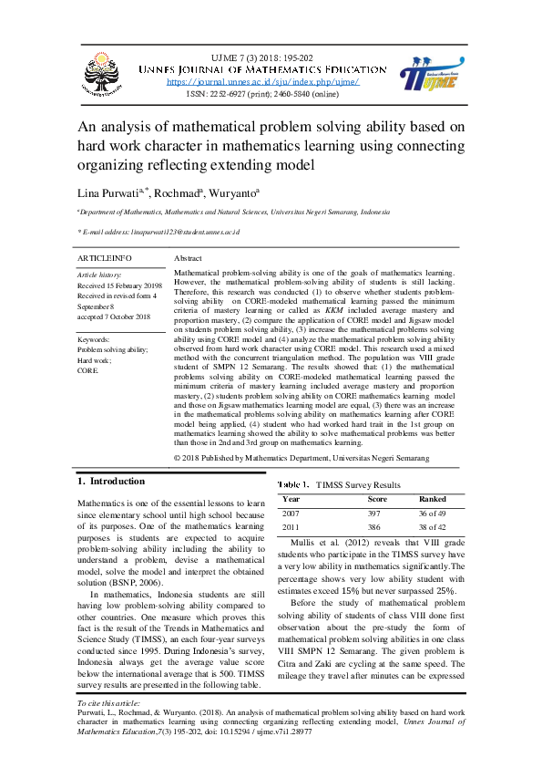 Pdf An Analysis Of Mathematical Problem Solving Ability Based On Hard Work Character In